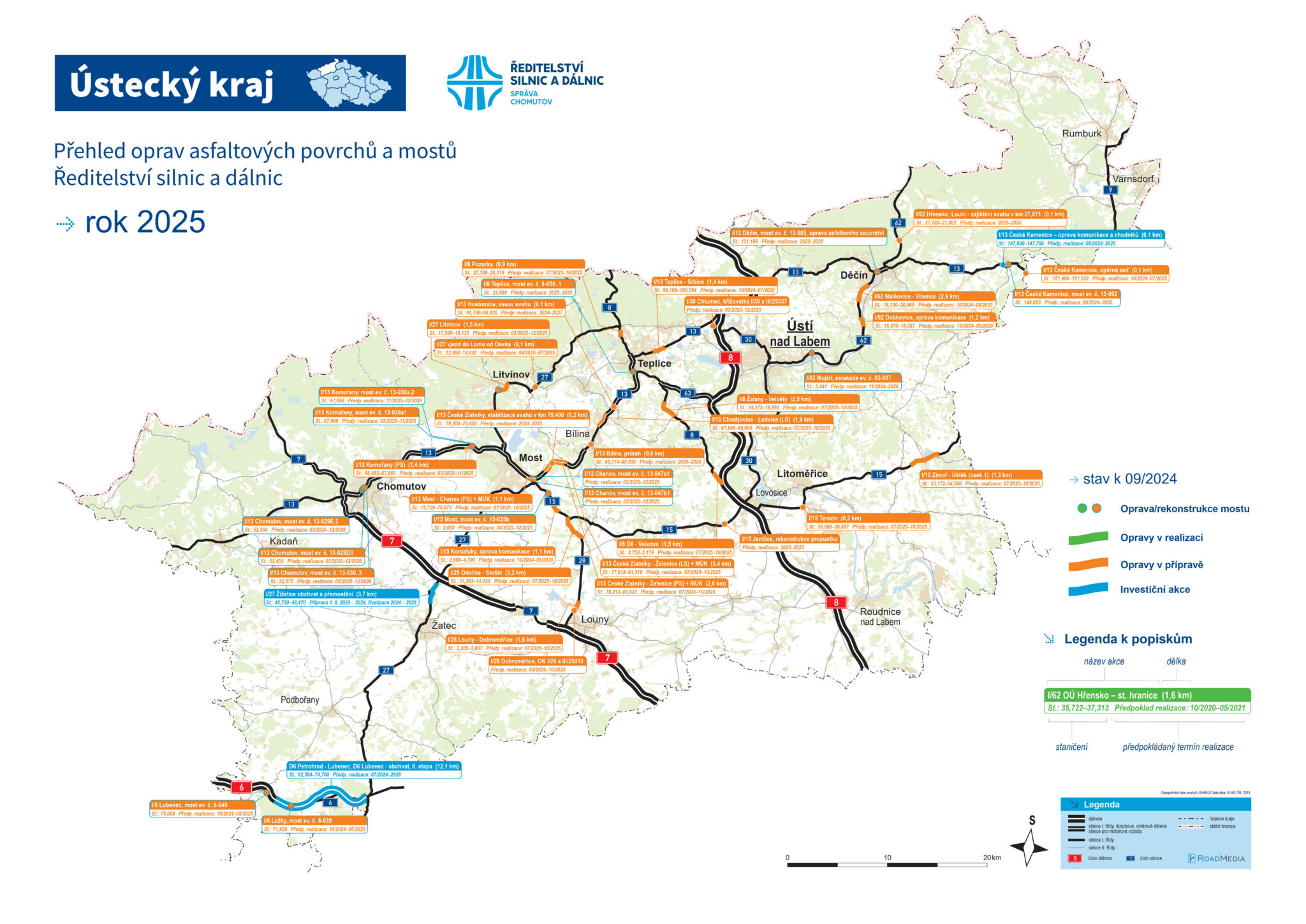 Mapa oprav silnic a dálnice- ŘSD – pro rok 2025 | Obec Březno